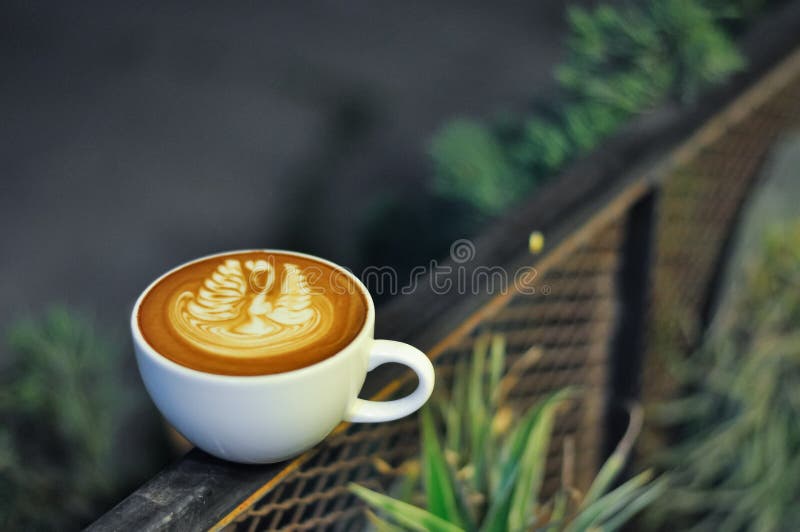 Coffee Cup with Latte Art on the Metal Fence at Night Stock Photo ...