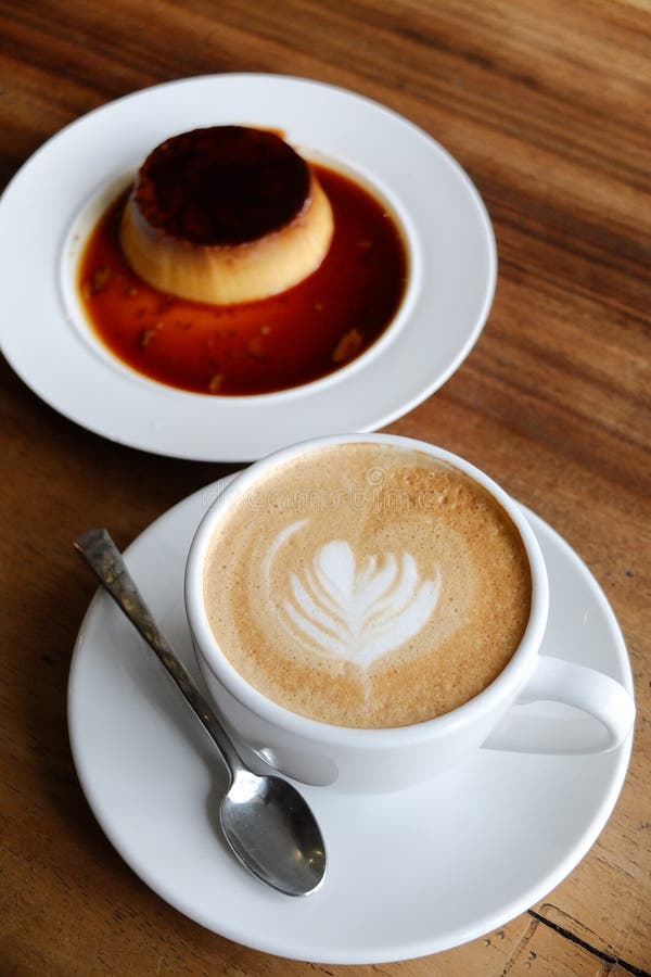 Coffee Cup with Latte Art and Pudding Stock Image - Image of milk ...