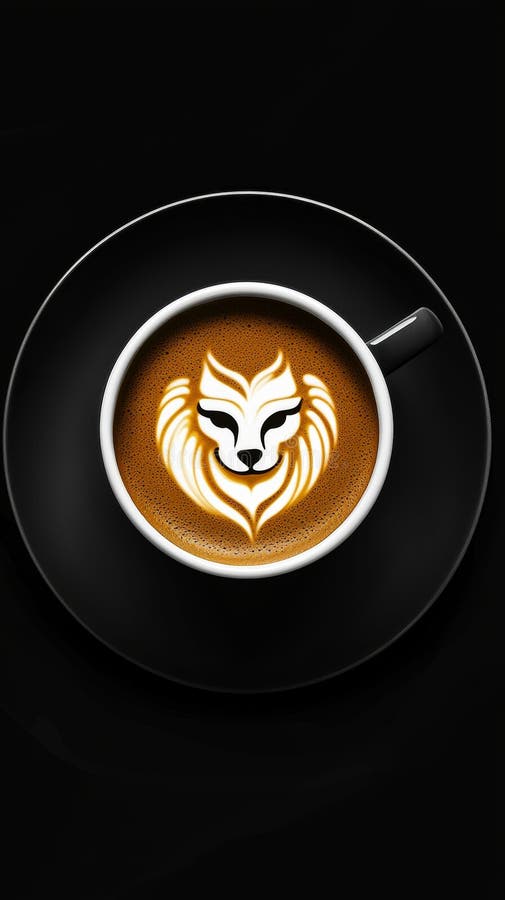Coffee Cup with Latte Art of a Wolf Face Design, Placed on a Black ...