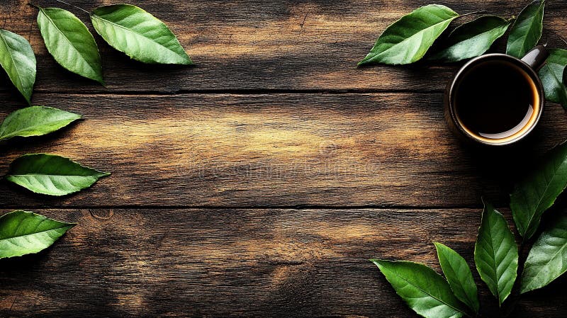 Coffee Cup, Leaves, Rustic Wood, Morning Calm, Drink Menu Stock ...