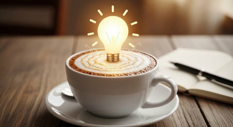 Coffee Cup with Light Bulb Idea on Wooden Table Represents Creative ...