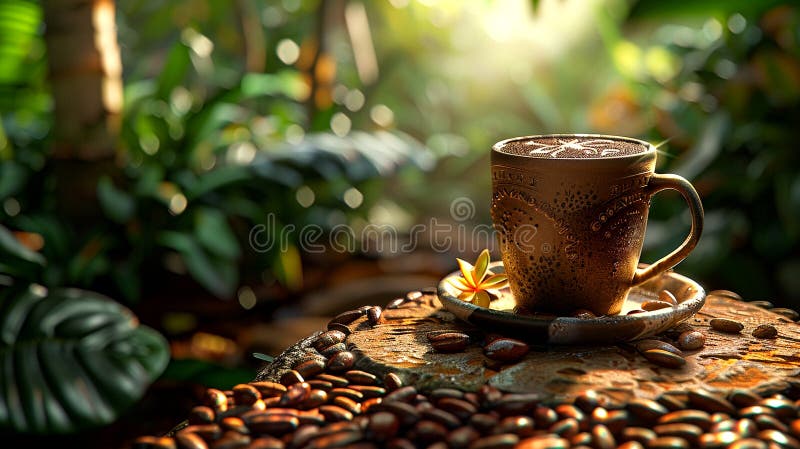 Coffee Cup on Log with Coffee Beans and Flower Stock Illustration ...