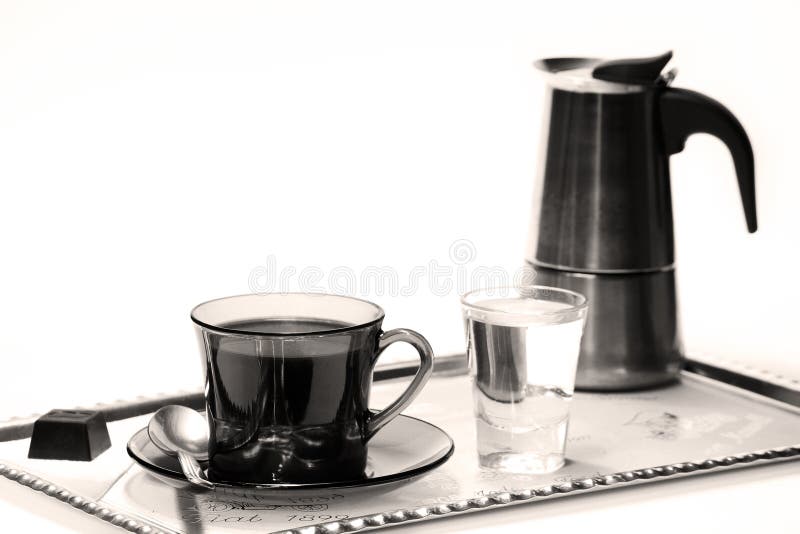 Coffee Cup and Maker on Metal Tray Stock Image - Image of espresso ...