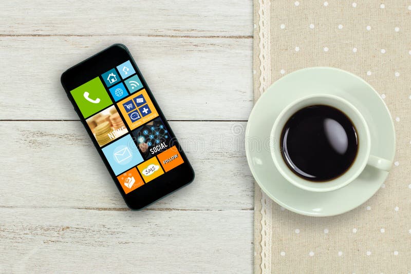 Coffee Cup and Mobile Phone on Wood Table. Stock Image - Image of ...