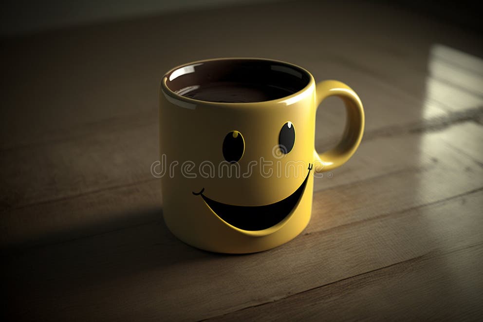 Coffee Cup or Mug with Smiley Happy Face Sitting on a Table. Ai ...