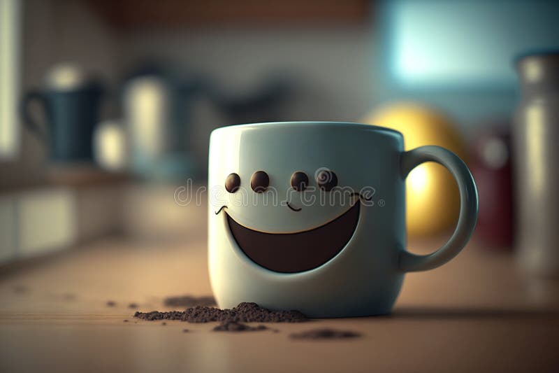 Coffee Cup or Mug with Smiley Happy Face Sitting on a Table. Ai ...