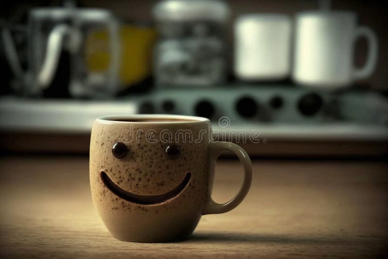 Coffee Cup or Mug with Smiley Happy Face Sitting on a Table. Ai ...