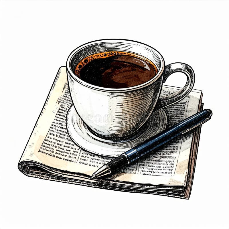 Coffee Cup on Newspaper with Black Pen Still Life Illustration Stock ...