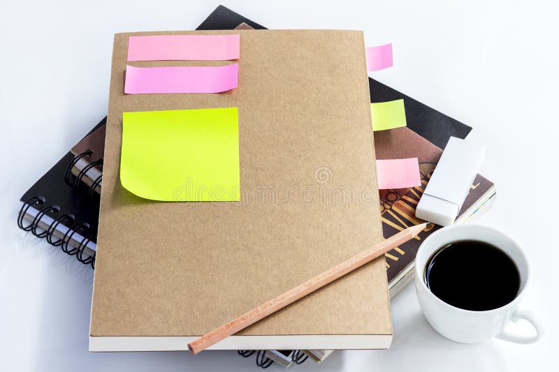 Coffee Cup with Notebook and Blank Yellow Paper Note on White T Stock ...