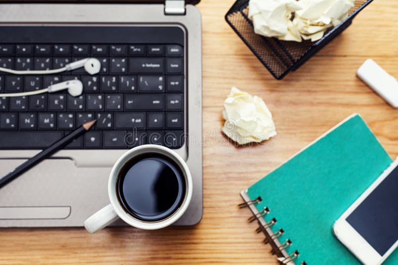 Coffee Cup, Notebook, Headphones, Mobile Smartphone and Laptop Stock ...