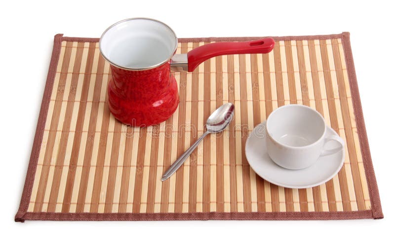 Coffee Cup and Pan on Table Stock Photo - Image of wooden, table: 73136362