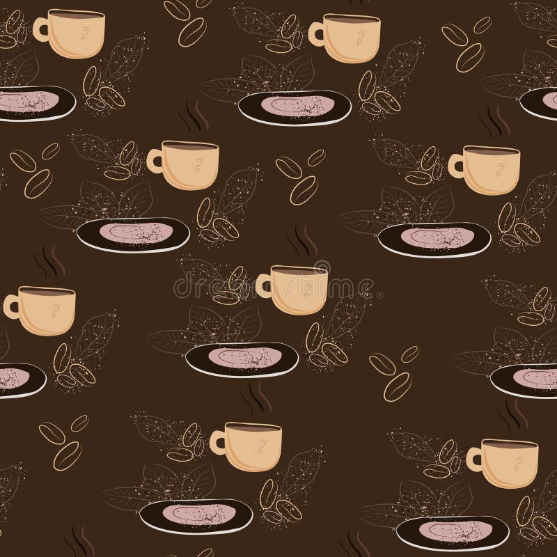 Coffee Cup Patern with Saucer and Coffee Leaves on Brown Background ...