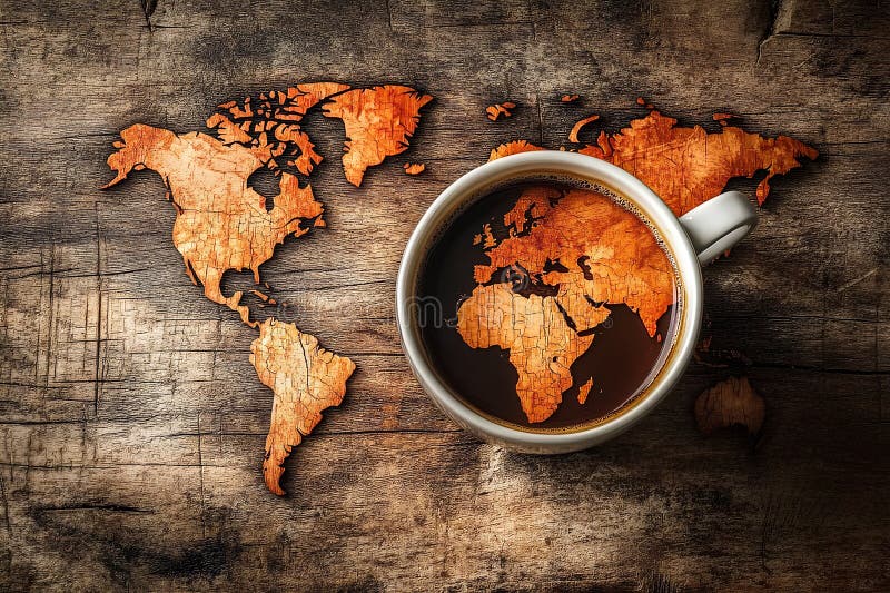 Coffee Cup Placed on a Rustic Wooden Surface with an Artistic World Map ...