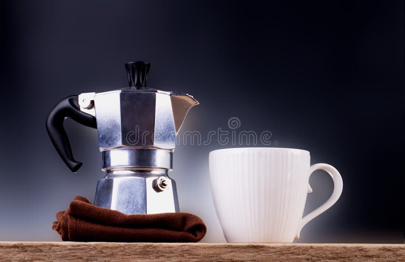 Coffee Cup with Coffee Pot on Table Stock Photo - Image of metal ...