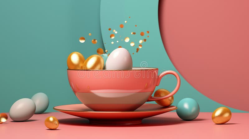 A Coffee Cup with Coffee Pots and Eggshells Flying Around Stock ...