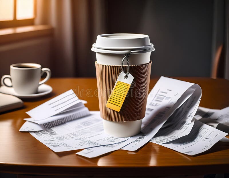 A Coffee Cup with a Price Tag Left on it, Placed on a Receipt-littered ...
