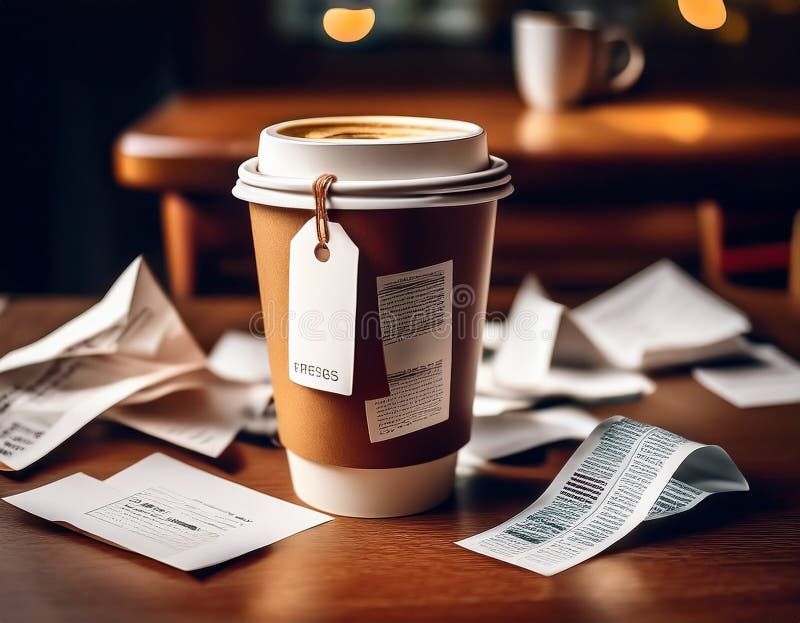 A Coffee Cup with a Price Tag Left on it, Placed on a Receipt-littered ...