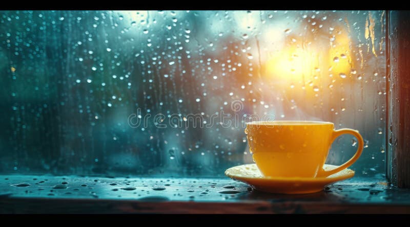 Coffee Cup in the Rain on a Window Sill Stock Image - Image of urban ...