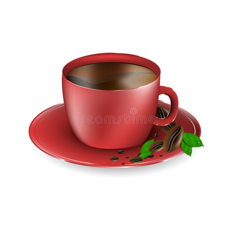 Coffee Cup in Red Color with Coffee Beans and Leaves Stock Vector ...
