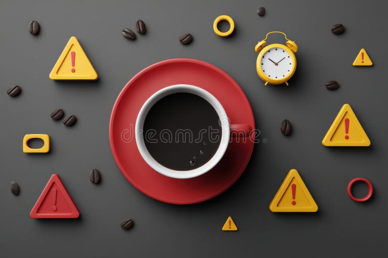Coffee Cup Surrounded by Warning Signs and Clocks on a Clean Layout ...