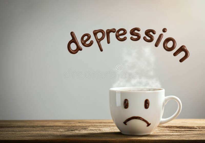 Coffee Cup with Sad Face and Depression Steam on Wooden Table Stock ...