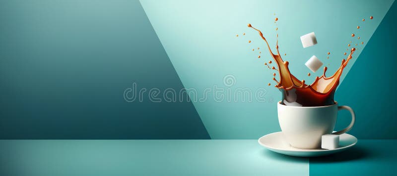 Coffee Cup on Saucer, Filled with Coffee and Dynamic Splash with Sugar ...