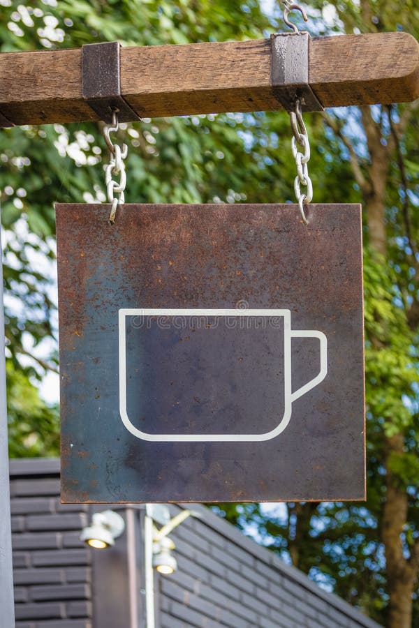Coffee Cup Sign Hanging on Wood Bar Stock Image - Image of hanging ...