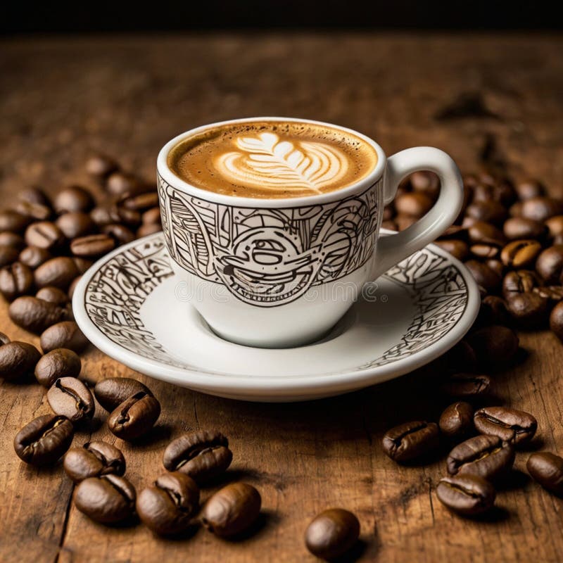 Coffee Cup with Coffee Beans and Hand-Drawn Coffee-Themed Designs Stock ...