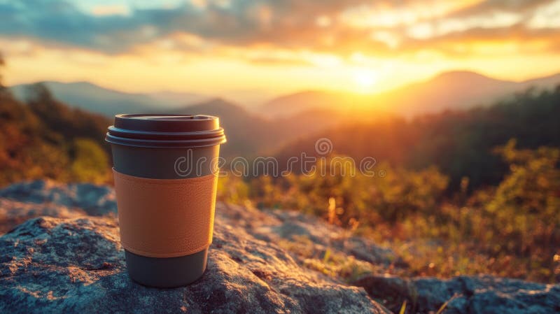 A Coffee Cup Sits on a Rock Overlooking a Mountain Range Stock Image ...