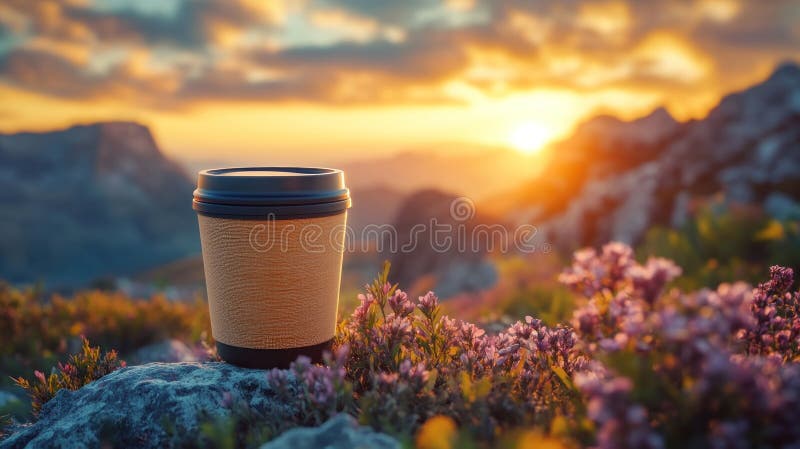 A Coffee Cup Sits on a Rock Overlooking a Mountain Range Stock Image ...