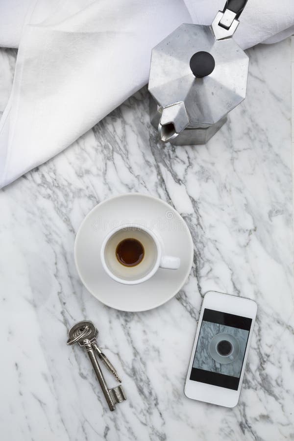Coffee Cup, Smartphone, Key and Coffee Maker Stock Photo - Image of ...