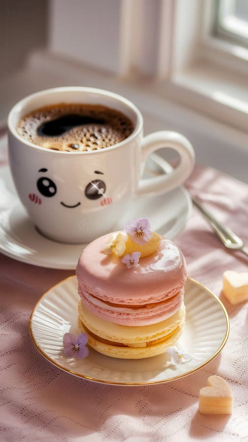 Coffee Cup and Smiling Pastry on Pink Table, Cozy Break Setting Stock ...