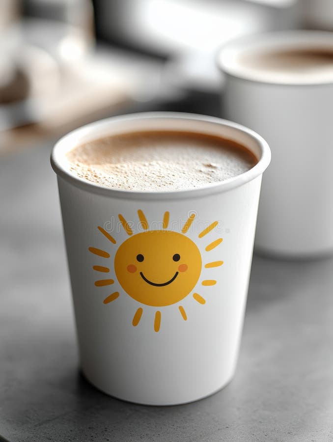 Coffee Cup with a Smiling Sun Design on a Table. Stock Photo - Image of ...