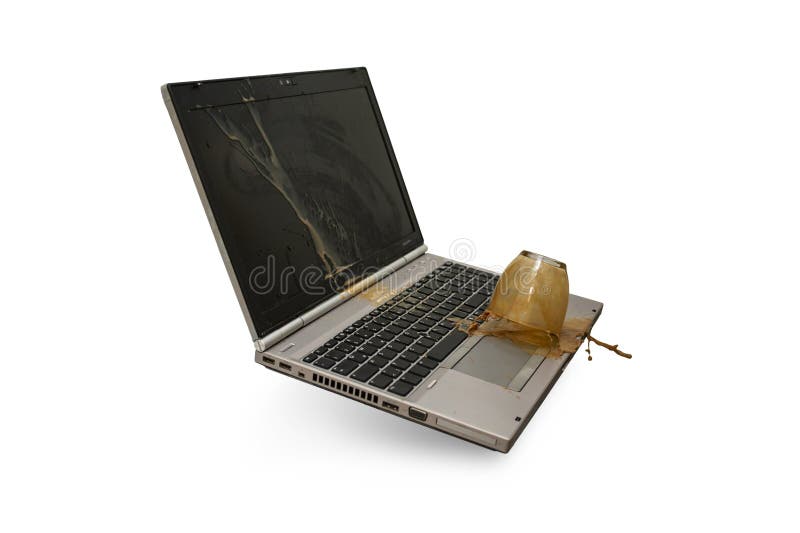 Coffee Cup Spilling and Splashing on Laptop Keyboard Isolated on White ...