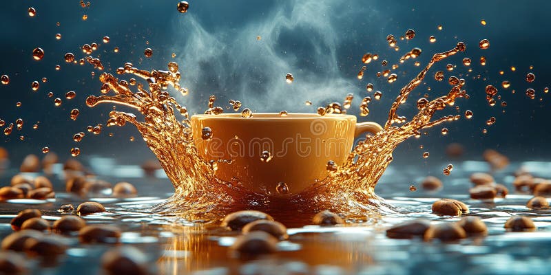 Coffee Cup Splashes in a Dynamic Display of Water and Coffee Beans in a ...