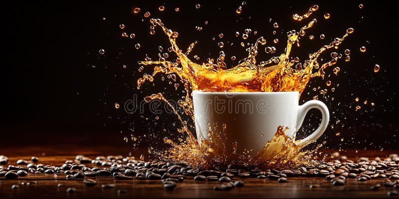 Coffee Cup Splashes with Rich Liquid Over Scattered Coffee Beans on ...