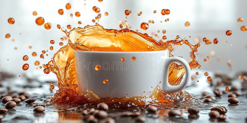 Coffee Cup Splashing with Brown Liquid Surrounded by Scattered Coffee ...