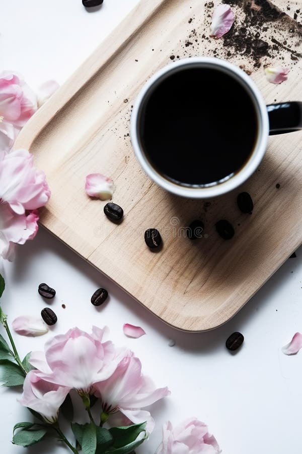 Coffee Cup and Spring Flowers on White Background, Top View, Flat Lay ...