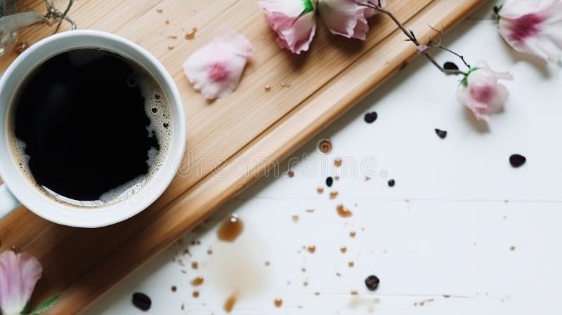 Coffee Cup and Spring Flowers on White Background, Top View, Flat Lay ...