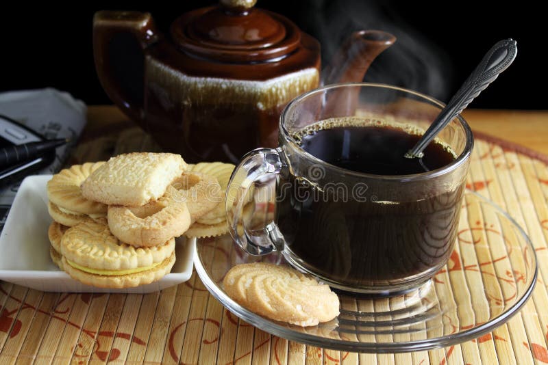 Coffee Cup with Steam and Biscuits or Cookies Stock Image - Image of ...