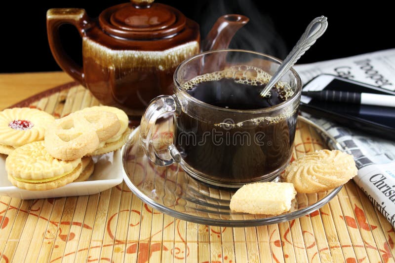 Coffee Cup with Steam and Biscuits or Cookies Stock Image - Image of ...