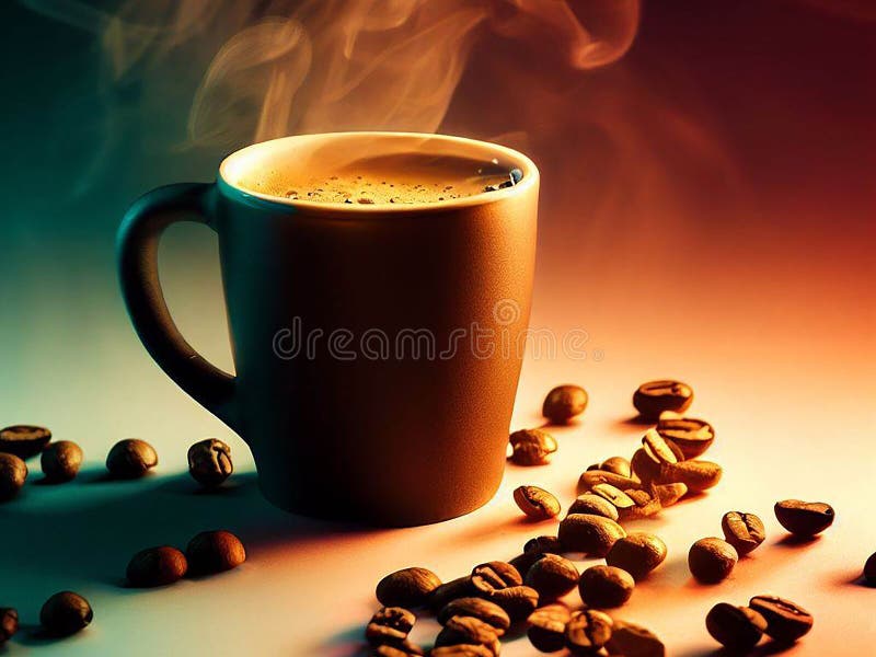Coffee Cup with Steaming Hot Espresso Drink and Coffee Beans Around ... Coffee Cup with Steaming Hot Espresso Drink and Coffee Beans Around ...