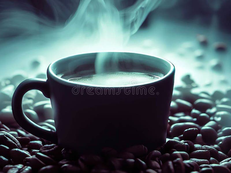 Coffee Cup with Steaming Hot Espresso Drink and Coffee Beans Around ... Coffee Cup with Steaming Hot Espresso Drink and Coffee Beans Around ...