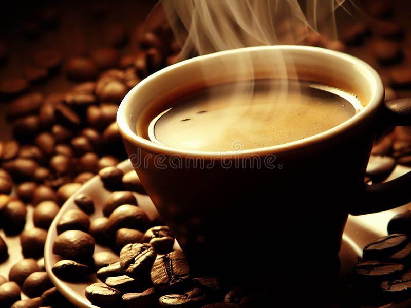 Coffee Cup with Steaming Hot Espresso Drink and Coffee Beans Around ... Coffee Cup with Steaming Hot Espresso Drink and Coffee Beans Around ...