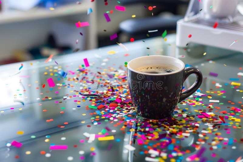 Coffee Cup Surrounded by Confetti on a Glass Office Desk Stock Photo ...
