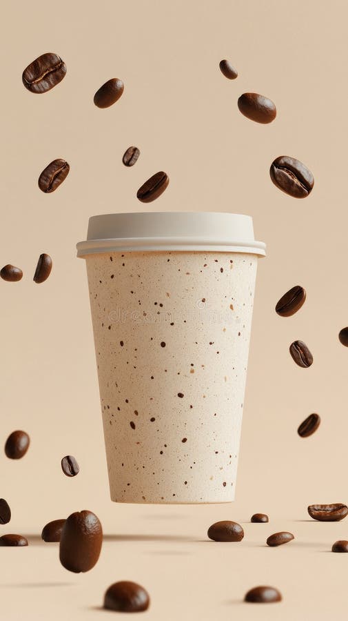 Coffee Cup Surrounded by Floating Coffee Beans on Beige Background ...