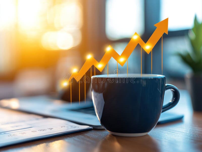 Coffee Cup Symbolizes Growth and Success with Rising Graph Stock Photo ...