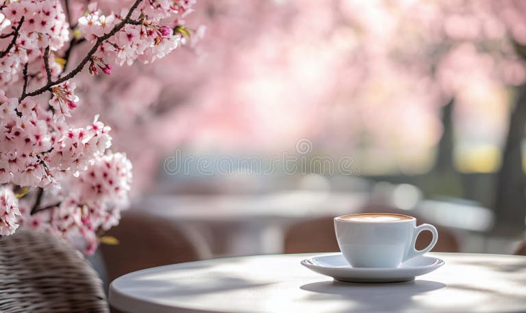 Coffee Cup on Table Surrounded by Blooming Cherry Blossoms in ...