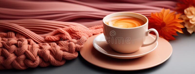 Coffee Cup on the Table Top with Knit Yarn, in the Style of Light ...