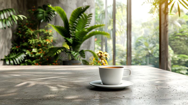 Coffee Cup on a Table by a Window with Greenery Stock Illustration ...